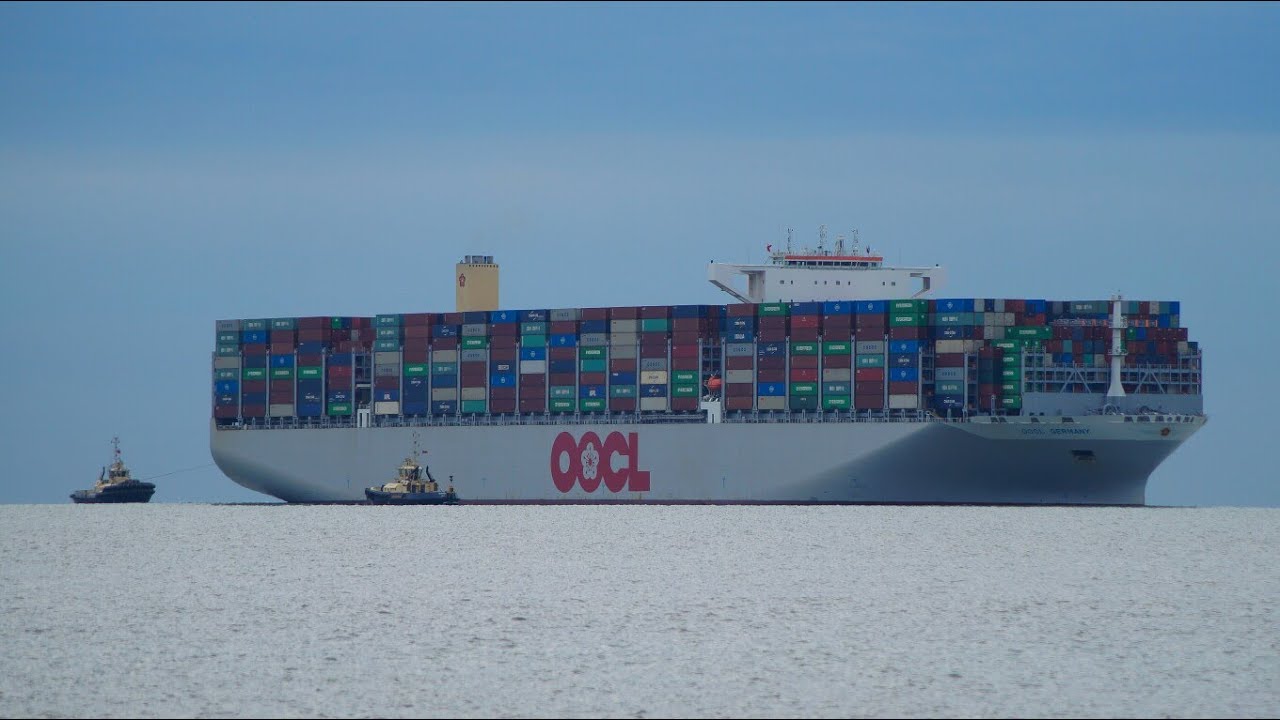 Ultra large OOCL GERMANY on approach to port of felixstowe with 3 ...