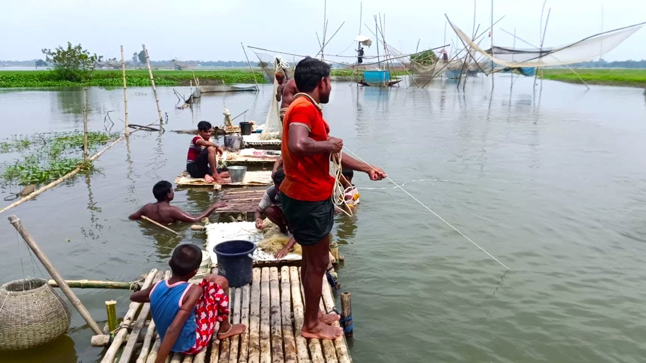 Lot of people fish catching | Fishing with cast net in beautiful nature ...