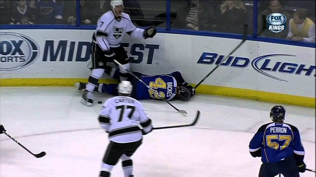 Rob Scuderi boarding on David Backes Feb 11 2013 LA Kings vs St. Louis ...