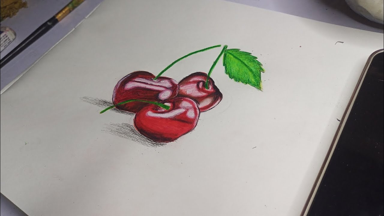 Realistic Cherry Drawing With Pencil colour || Cherry Drawing With ...