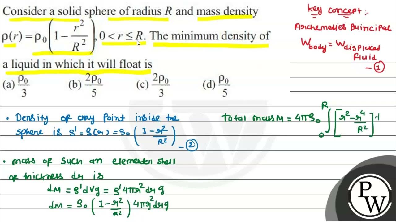 Consider a solid sphere of radius \( R \) and mass density \( \rho(r)=\rho_{0}\left(1-\frac{r^{2 ...