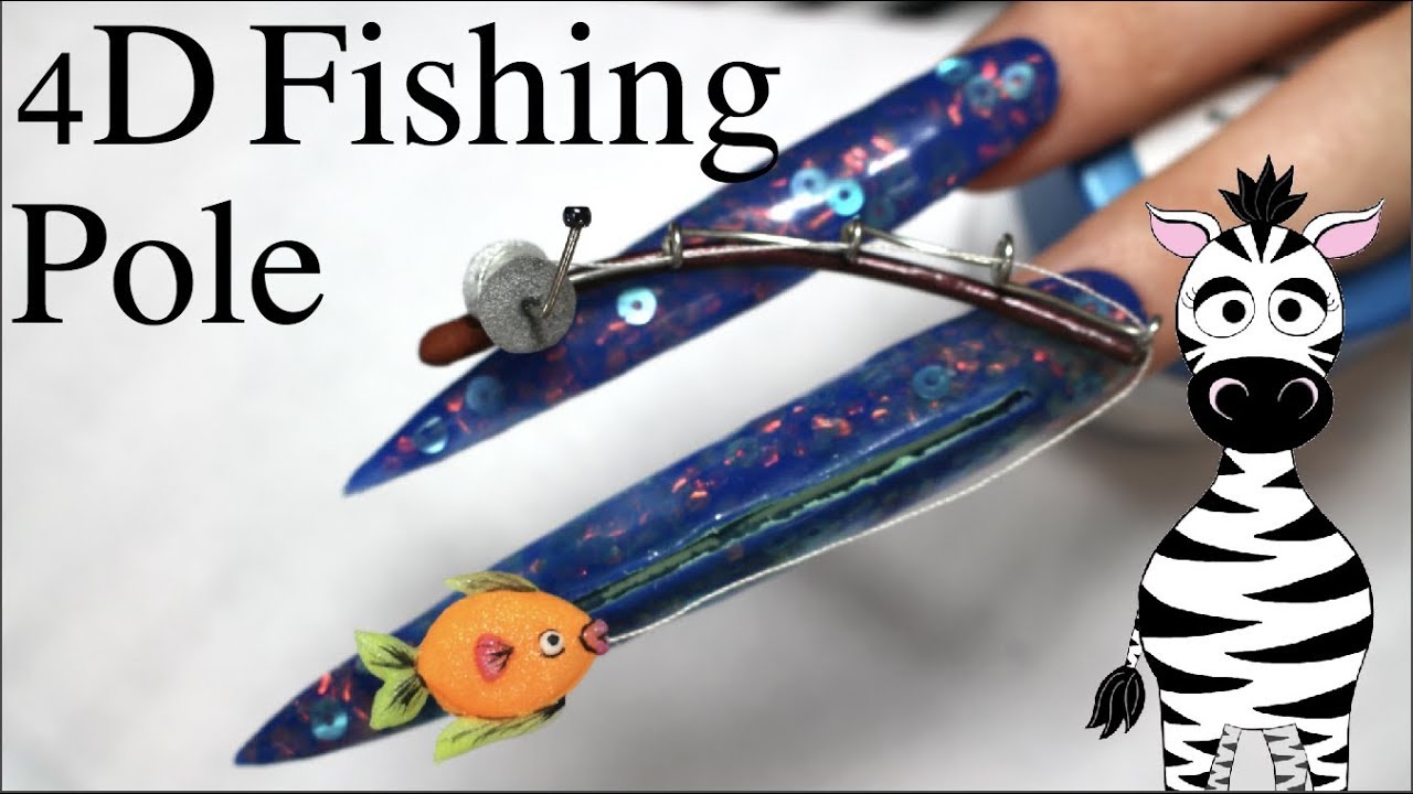 4D Fish and Fishing Pole Acrylic Nail Art Tutorial - YouTube