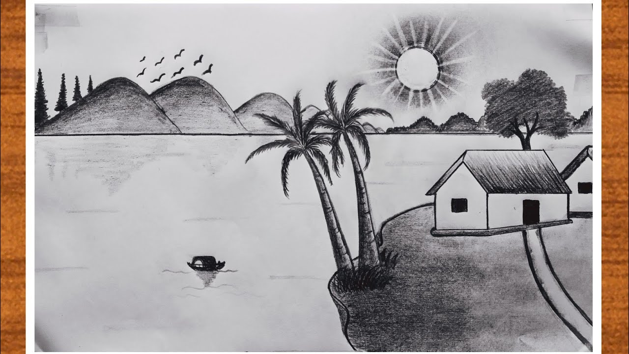 prakritik Drishya || How To Draw Village scenery with pencil ...