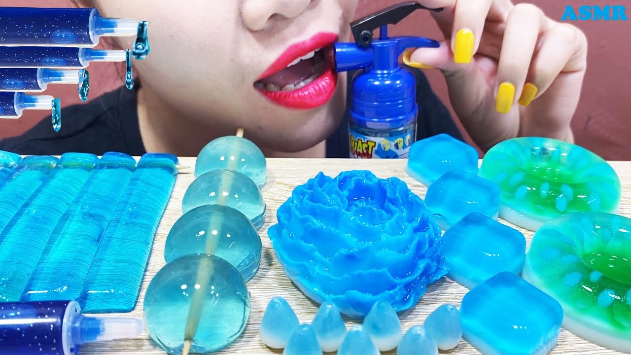 ASMR BLUE FOODS JELLY, CAKE, GUMMY MUKBANG 블루 젤리 케이크 Eating Sounds ...