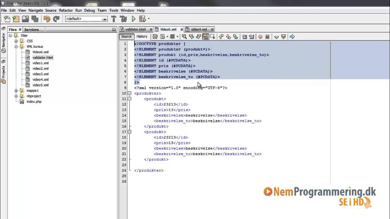XML kursus / tutorials for begyndere #6 - Validering - Well formed + DTD valid - YouTube