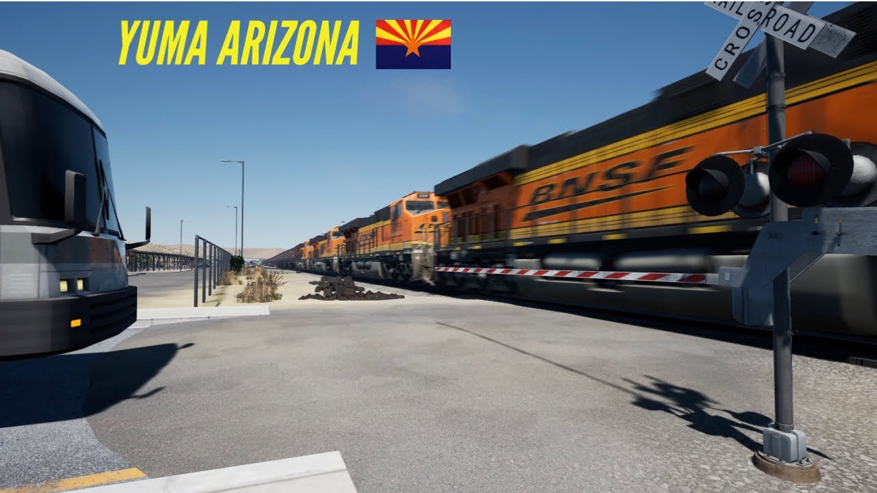 YUMA ARIZONA Rail Road Crossing with 4 BNSF Locomotives leading the way ...