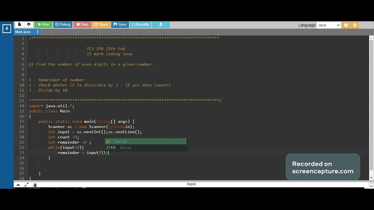 TCS IPA 25th Feb Solution | Java 15 marks | #tcsxplore #tcs - YouTube