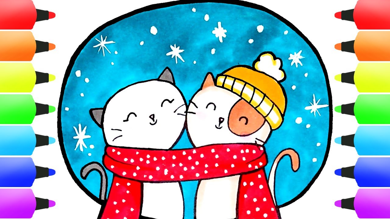 How to Draw CUTE Cats | Cats in Winter Drawing Tutorial (Easy) - Cute ...