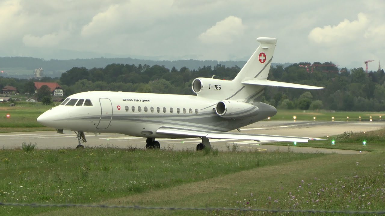 Swiss Air Force Dassault Falcon 900EX (T-785) takeoff at Bern Airport ...