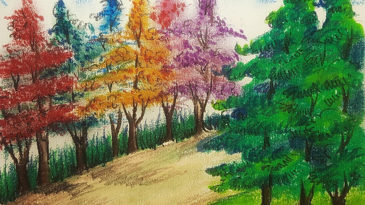 How to draw garden scenery step by step //Tree drawing with colour ...