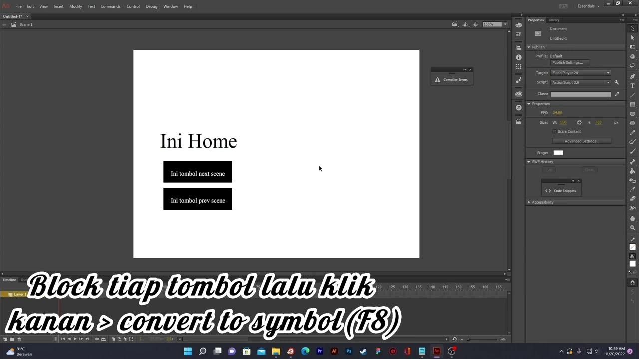 tutorial membuat button antar scene di adobe flash atau adobe animate cc 2022 dengan code ...