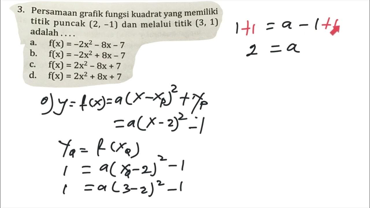 Persamaan grafik fungsi kuadrat yang memiliki titik puncak (2,-1) dan melalui titik (3,1) adalah ...