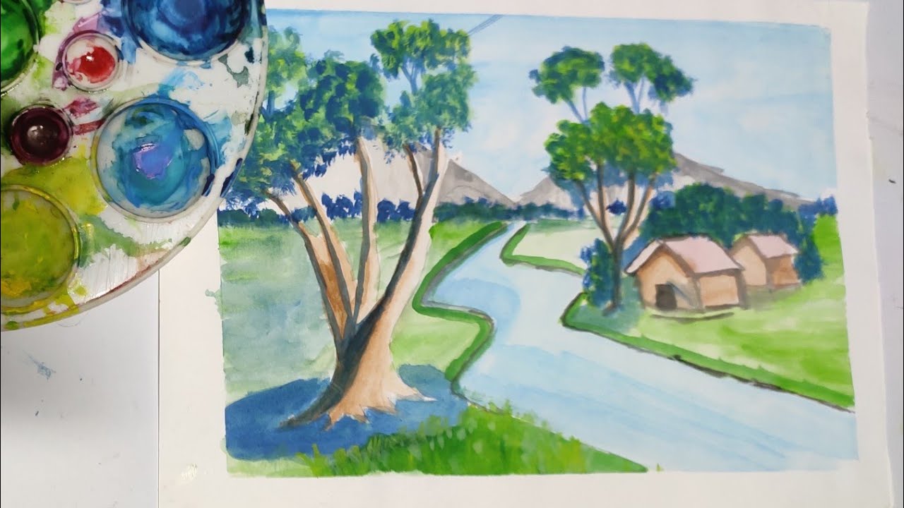Water color village senary.how to draw village simple senary. - YouTube