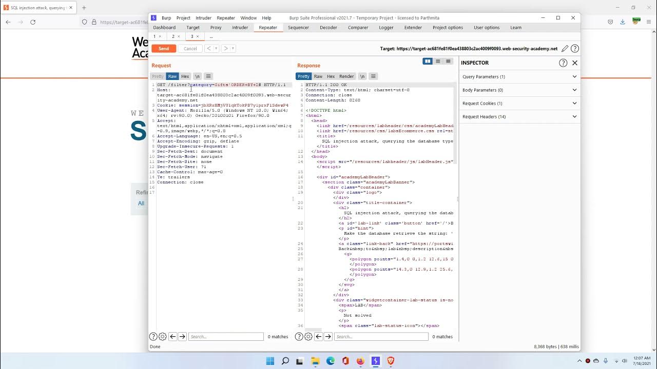 SQL injection attack, querying the database type and version on MySQL and Microsoft |Portswigger ...