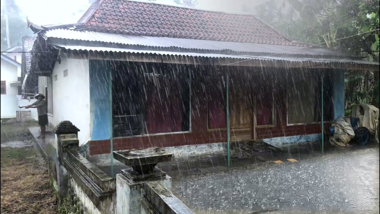 Heavy rain, super strong winds and lightning hit my village||Slept ...
