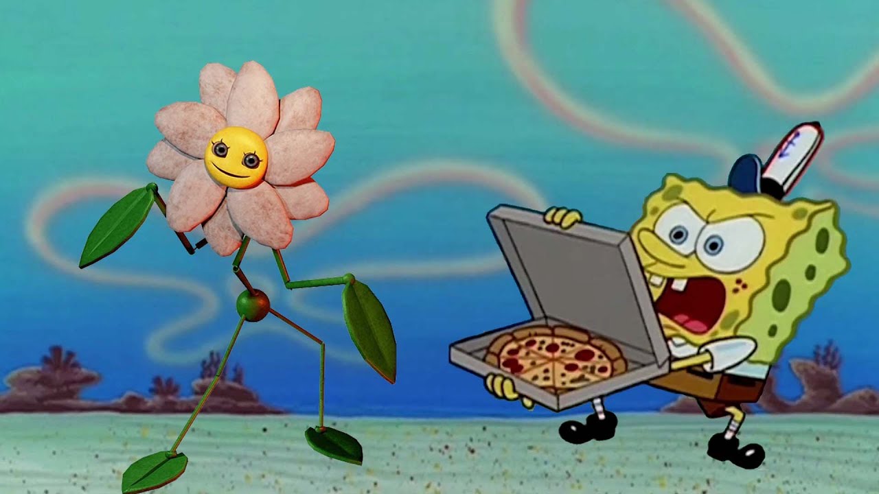 Poppy Playtime Daisy the flower trying to get a pizza from Spongebob ...