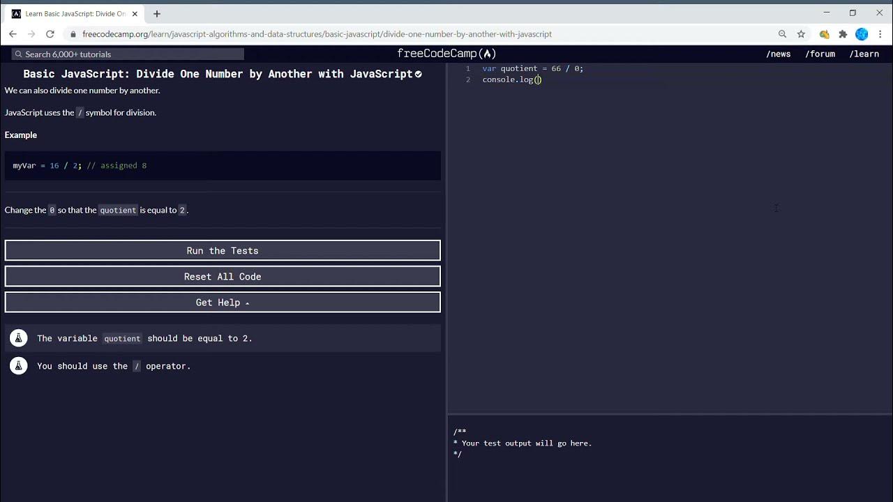 Basic JavaScript (11/111) | Divide One Number by Another with JavaScript | freeCodeCamp - YouTube
