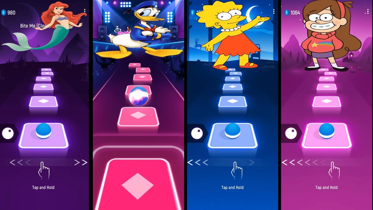 Tiles Hop EDM Rush(Heroes)|Ariel vs Donald duck vs Lisa Simpson vs ...