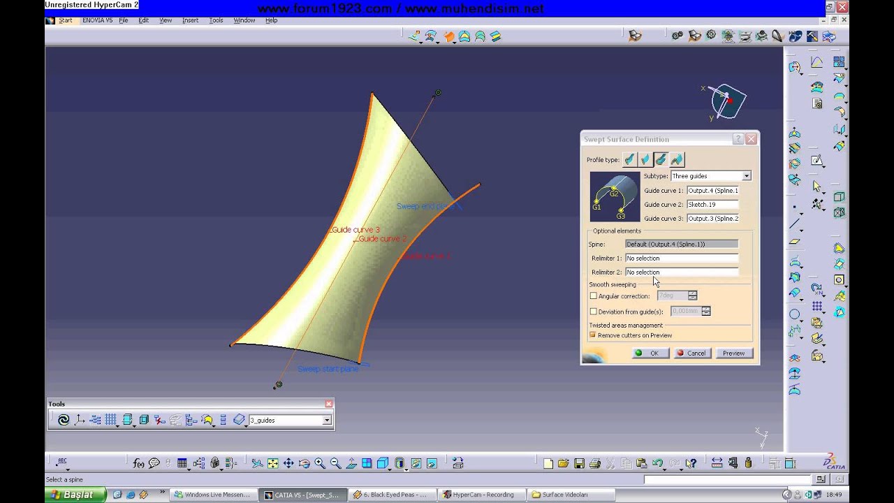Sweep Surface Circle Three guides - YouTube