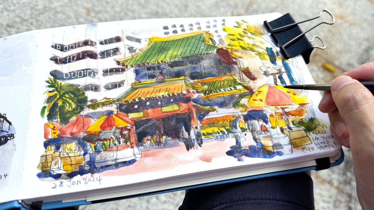 Crowded Chinese Temple Sketch Tutorial with Pencil and Watercolour ...