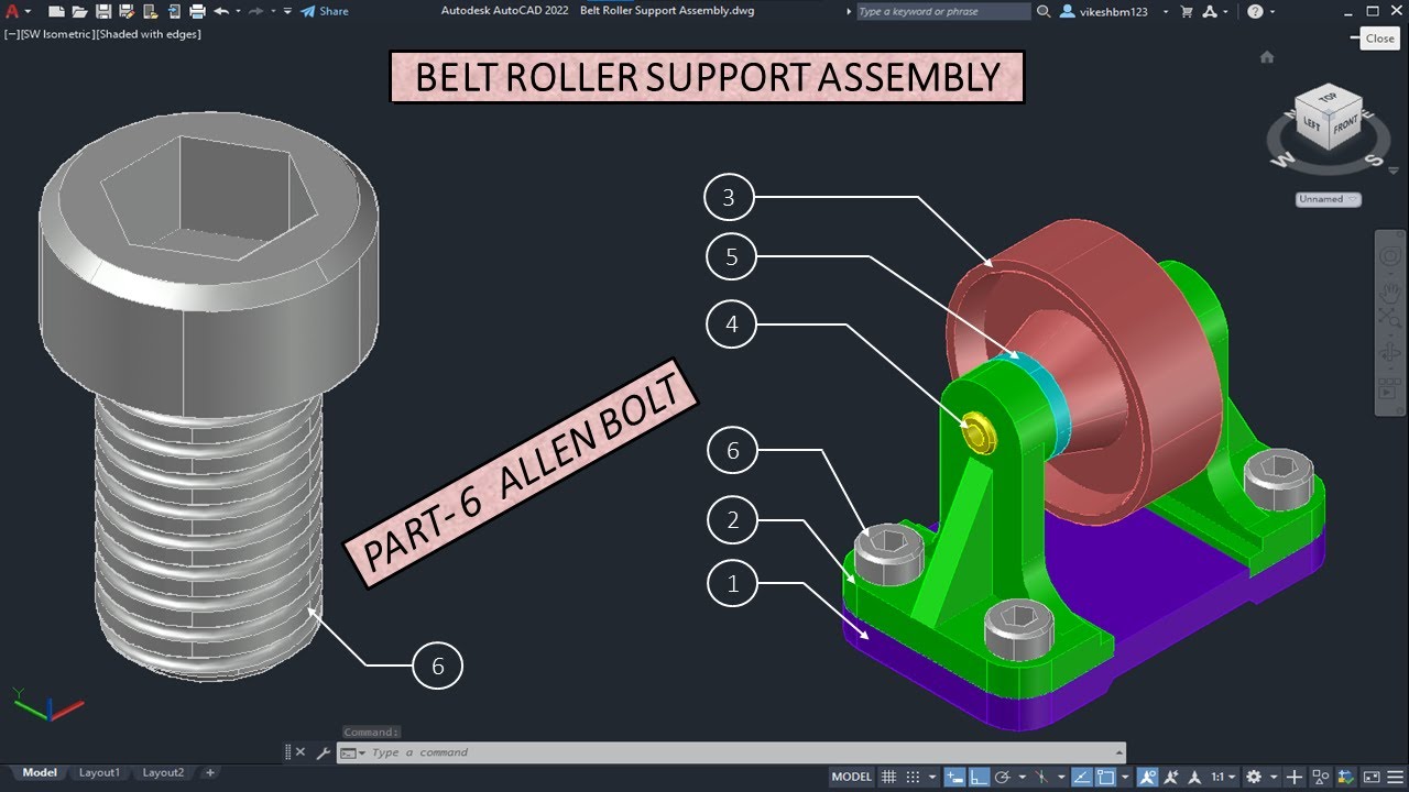 Belt Roller Support Assembly in AutoCAD Part -6 (Allen Bolt) - YouTube