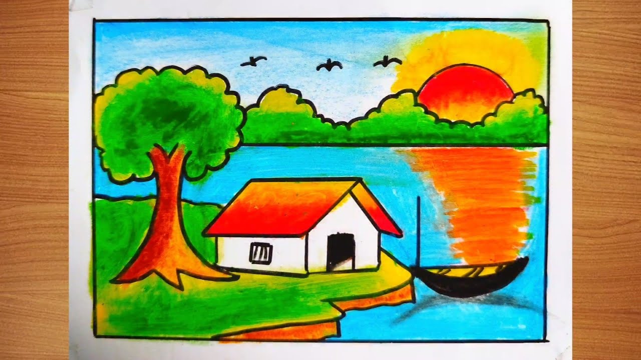 Nature scenery drawing for kids | Easy scenery drawing for competition ...