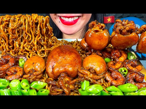 ASMR SPICY SEAFOOD BLACK BEAN NOODLES MUKBANG MASSIVE Eating Sounds