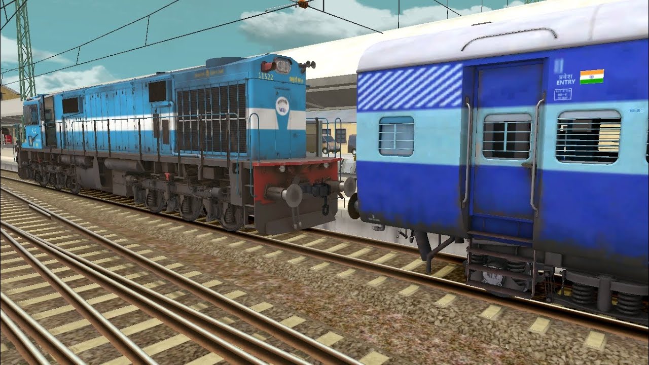 WDM3D DIESEL ENGINE COUPLING ICF SKY BLUE COACH AT BUMPY RAILROAD ...