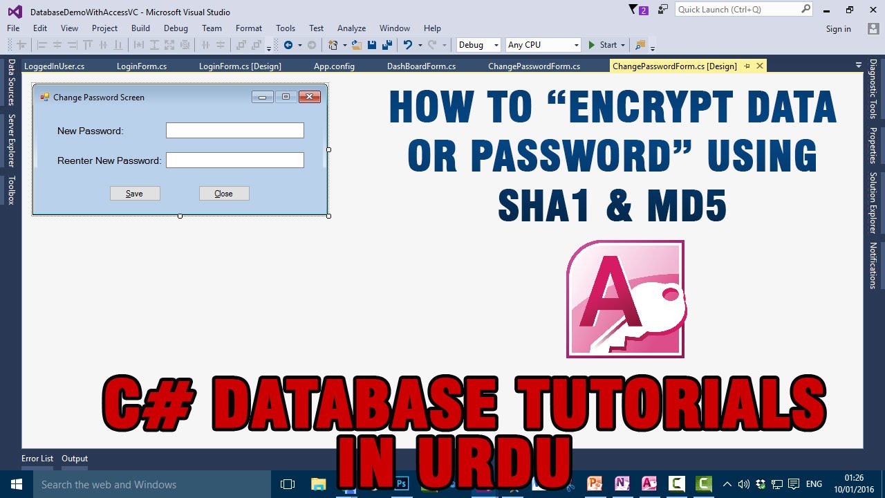 #9) C# Access Database Tutorial In Urdu - Encrypt Data/Password using SHA1 & MD5 - YouTube