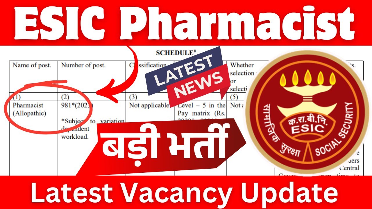 Pharmacist Vacancy 2026 | Recruitment Pharmacist ESIC 981 post | ESIC ...