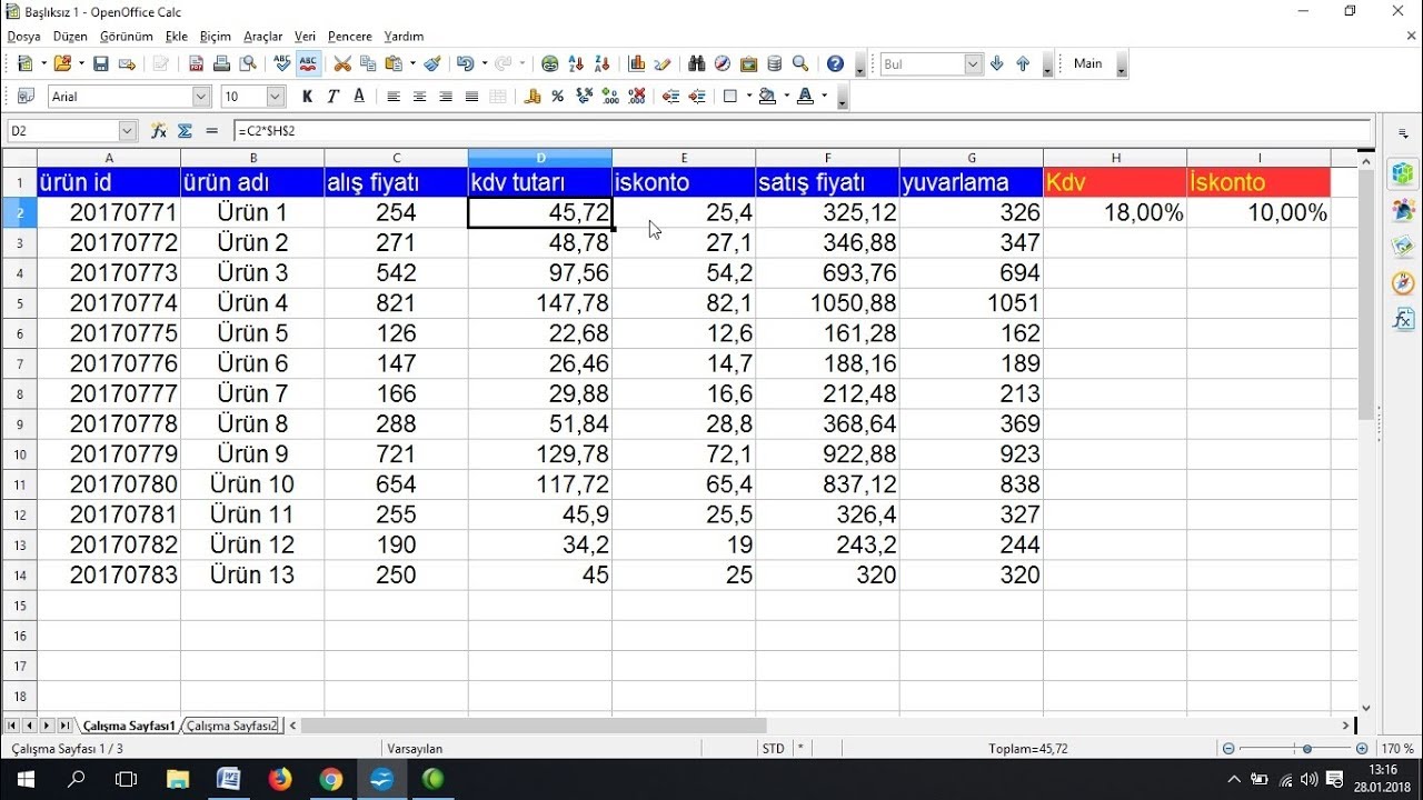 Open Office Calc da Sabitleme işlemi ile KDV ve İskonto Hesaplayıp ...