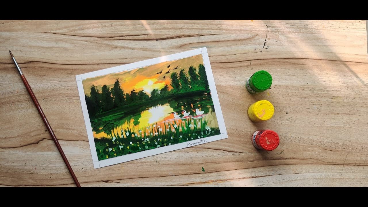 Postercolor painting of beautiful landscape scenery with pond easy ...