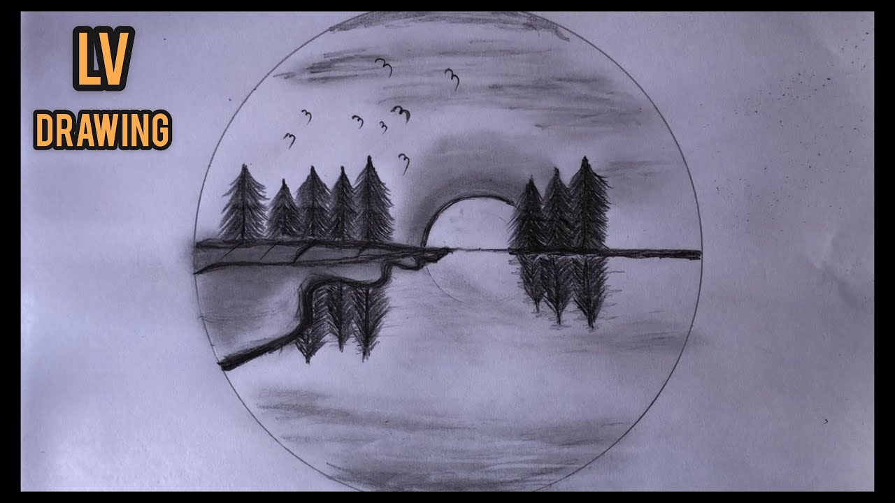 How to draw sunrise from the lake in circle step by step - sunrise from ...