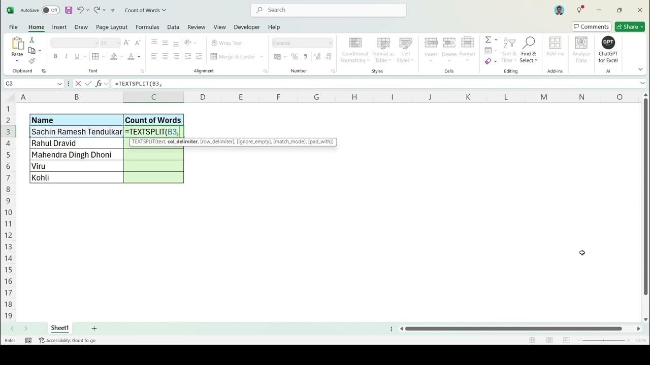 Extract Count of Words in cell using TEXTSPLIT Function in Excel - YouTube