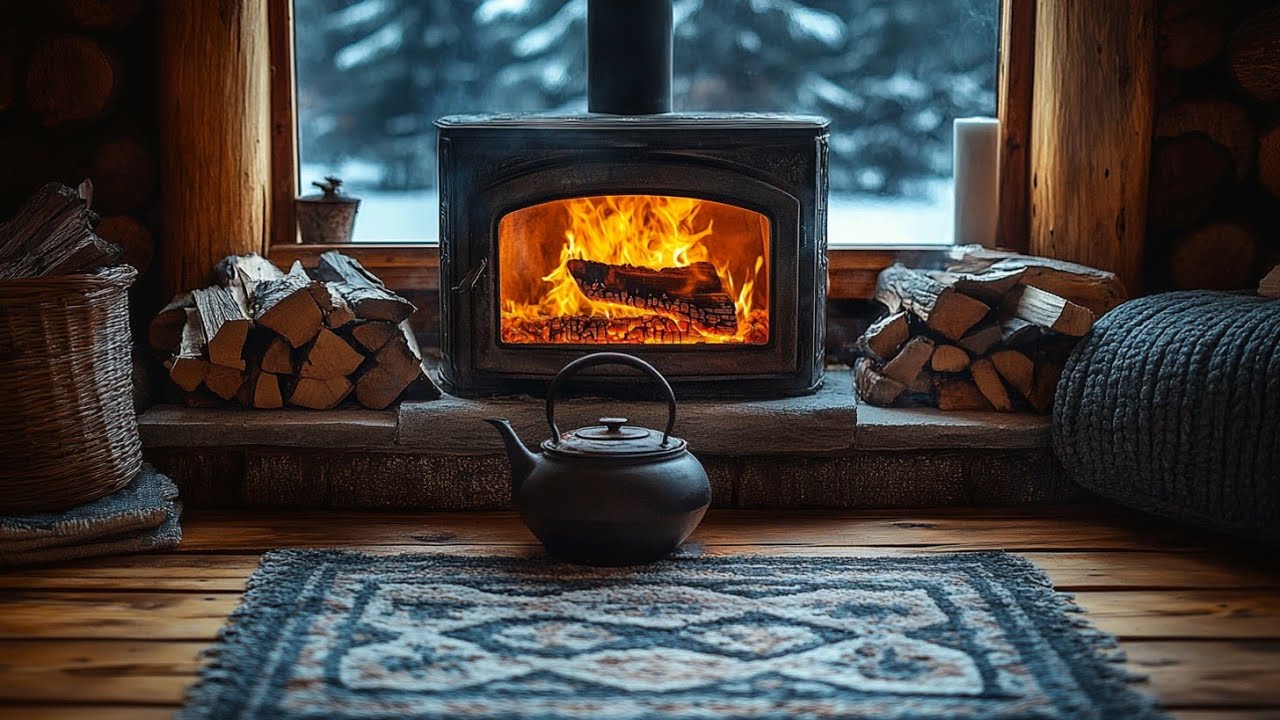 Relaxing Burning Stove with Crackling Fire Sounds | Cozy Winter Music ...