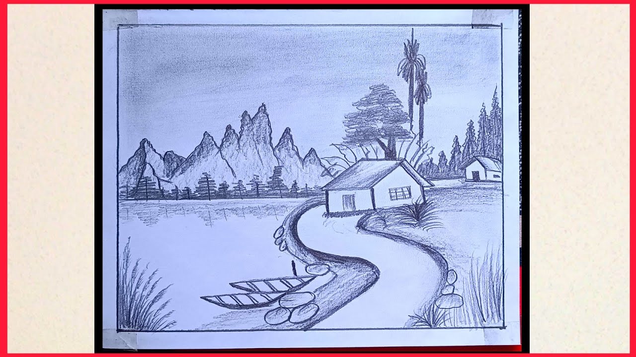 easy pencil village scenery drawing step by step - YouTube