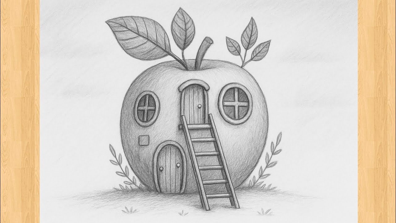 Easy Apple House Drawing | Pencil Sketch | Cute House Drawing for ...