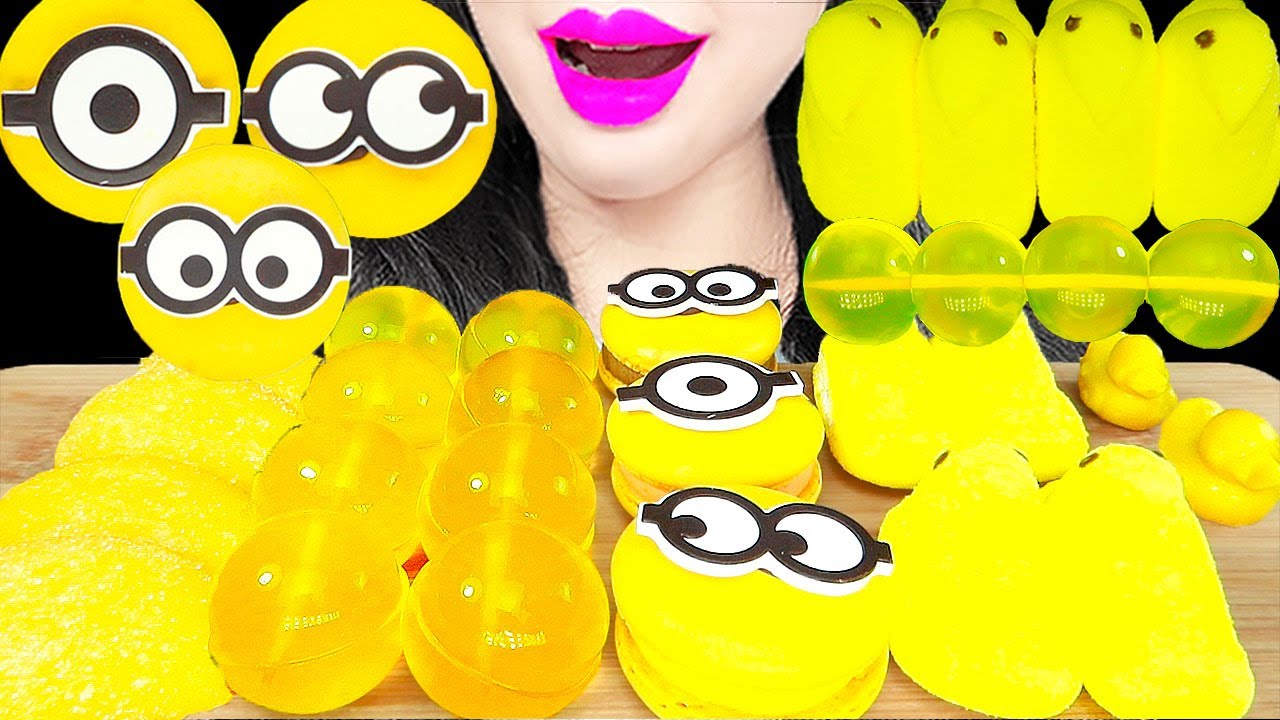 ASMR YELLOW DESSERT, MINIONS, CHICKEN, 미니언 마카롱, 마쉬멜로우, 젤리 먹방 EATING ...