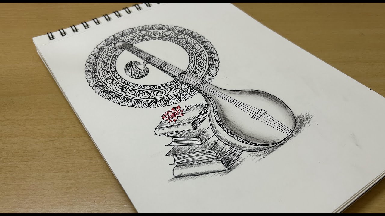 How to draw Mandala art of Veena and books | Zentangle Doodle art ...
