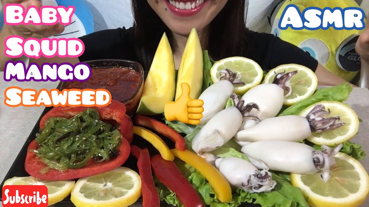 ASMR Baby Squid, Mango and Seaweed (chili sauce) eating sounds - YouTube