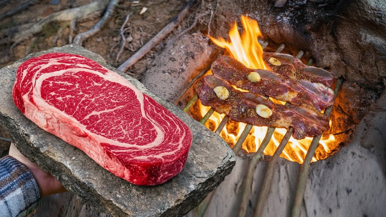 Primitive Campfire Steak | Relaxing Outdoor Cooking - YouTube