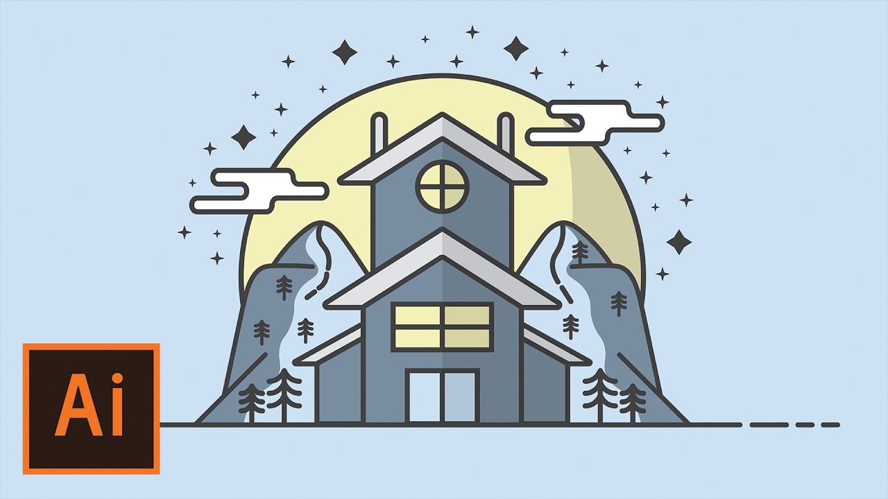 Illustrator Tutorial - Snow Cabin Mountain Flat Design (Illustrator ...