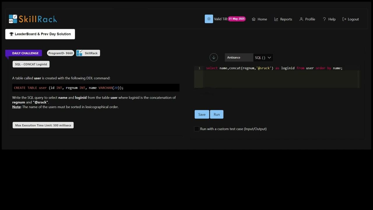 SKILLRACK | DAILY CHALLENGE || 30/10/2023 || SQL - CONCAT LOGINID || PROGRAM ID 9660 || SQL ...