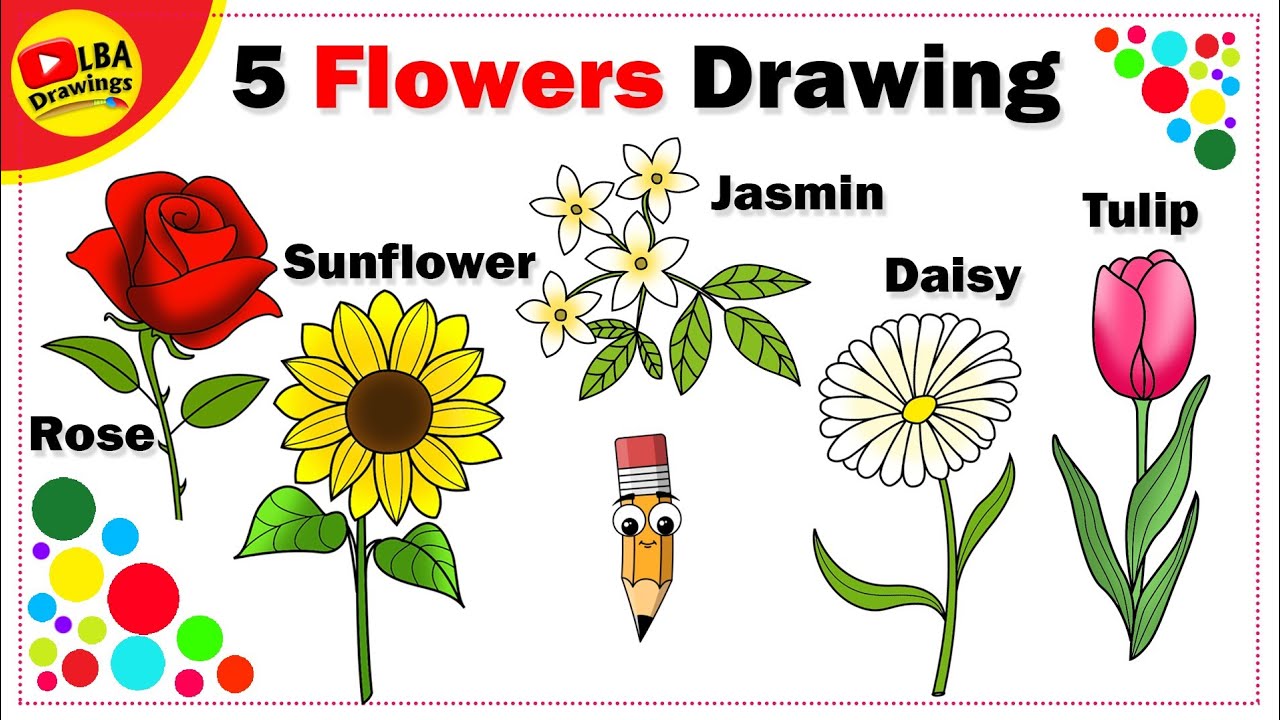 5 Flowers Drawing - 2 | Flowers Drawing Series - YouTube