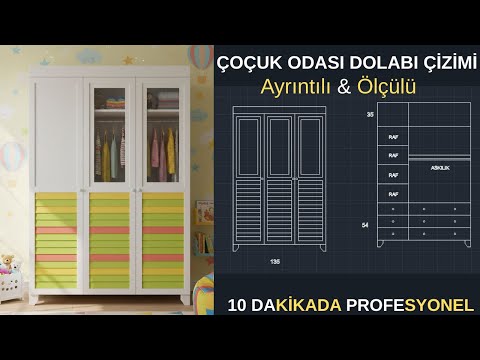 Autocad İle Çocuk Odası Dolabı Çizimi (Ayrıntlı&Ölçülü)