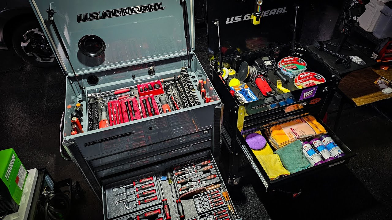US General 34" Full Bank & 5 Drawer Tool Cart Tour - YouTube