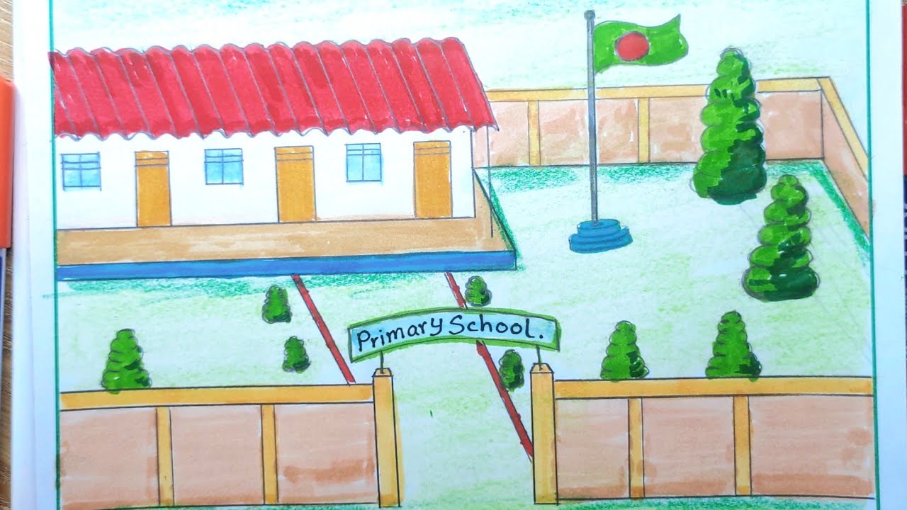 My School Scenery Drawing 🏫 My School Art 🎨 Color a School step by step ...