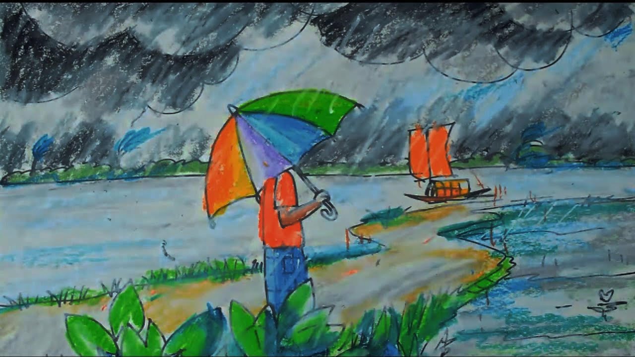 How to draw a rainy season scenery | village scenery | pastel color ...