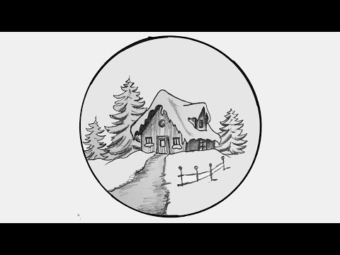 Kış Resmi Çizimi Karakalem - Kış Evi Çizimi - Kış Manzarası Çizimi - Çizim Mektebi Karakalem Manzara