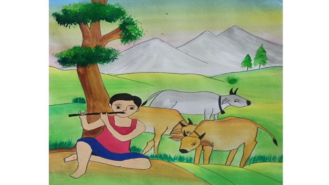cowboy with cow scenery drawing step by step//cow and man drawing.# ...